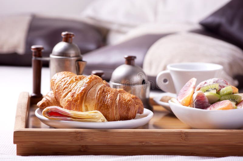 Breakfast Served on bed stock image. Image of plate, juice - 93896145