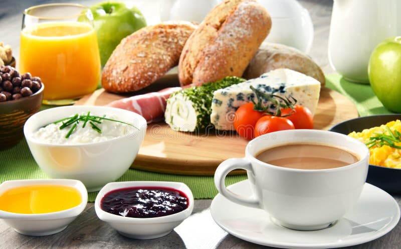 Breakfast Served with Coffee, Cheese, Cereals and Scrambled Eggs Stock ...