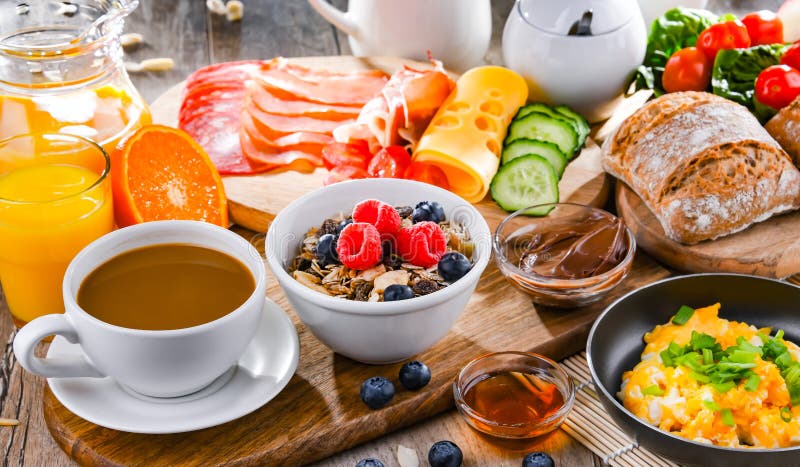 Breakfast Served with Coffee, Scrambled Eggs, Cereals and Ham Stock ...