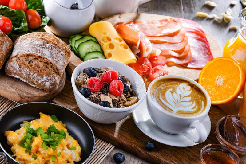 Breakfast Served with Coffee, Scrambled Eggs, Cereals and Ham Stock ...