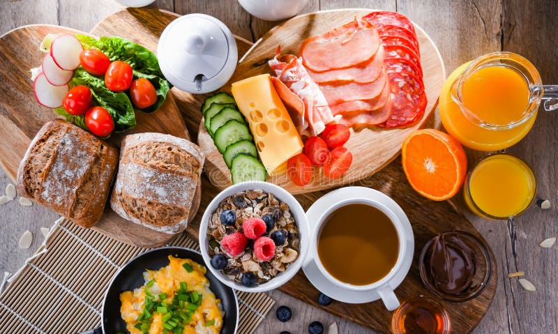 Breakfast Served with Coffee, Scrambled Eggs, Cereals and Ham Stock ...