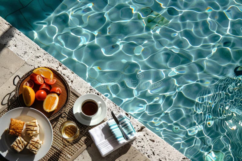 Breakfast is Served by the Pool on a Sunny Day Stock Photo - Image of ...