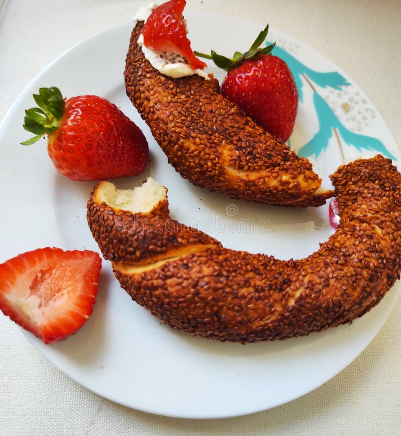 Breakfast with Sesame and Strawberry Bagels Stock Photo - Image of dish ...
