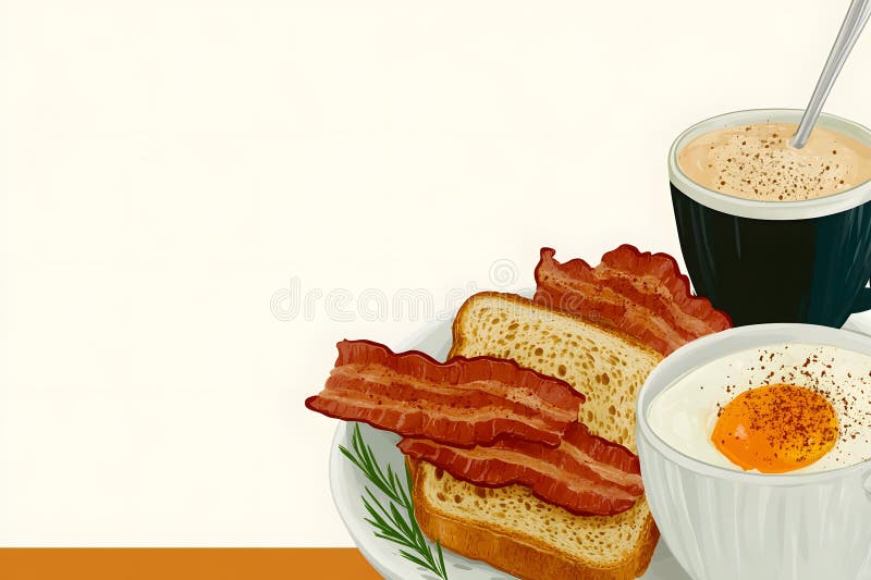 Breakfast Set with Bacon, Eggs, Toast, Coffee, Clean Space Above ...