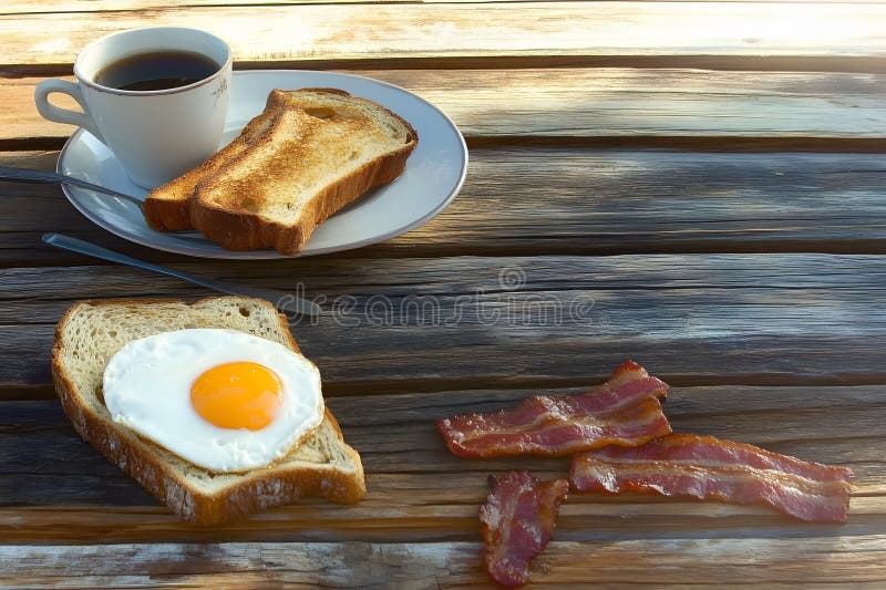 Breakfast Set with Bacon, Eggs, Toast, Coffee, and Clean Space Above ...