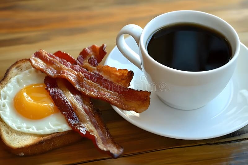 Breakfast Set with Bacon, Eggs, Toast, Coffee, and Clean Space Above ...