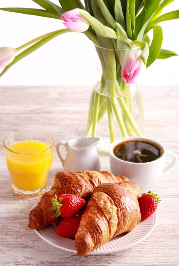 Breakfast Set with Croissants, Orange Juice Stock Photo - Image of ...