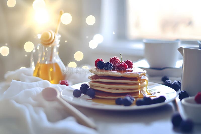 Breakfast Set Featuring Pancakes, Fresh Berries, Honey Drizzle, Bright ...