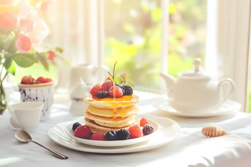 Breakfast Set Featuring Pancakes, Fresh Berries, Honey Drizzle, Bright ...