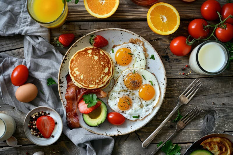 Breakfast Set. Fried Eggs, Bacon, Pancakes, Avocado and Orange Juice ...