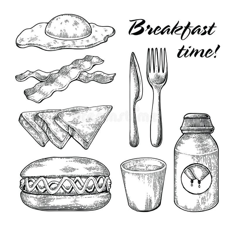 Breakfast Set Hand Drawing Black and White Line on White Background ...