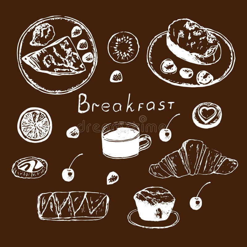 Breakfast Set, Hand Drawing, White and Brown Stock Illustration ...