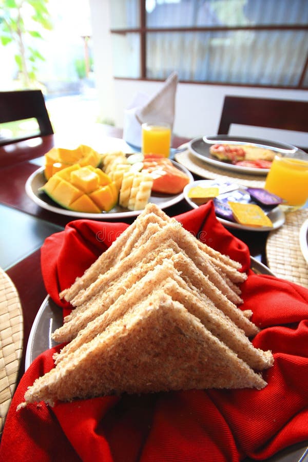 Breakfast Set Mango Bread Bacon on Table Stock Photo - Image of knife ...
