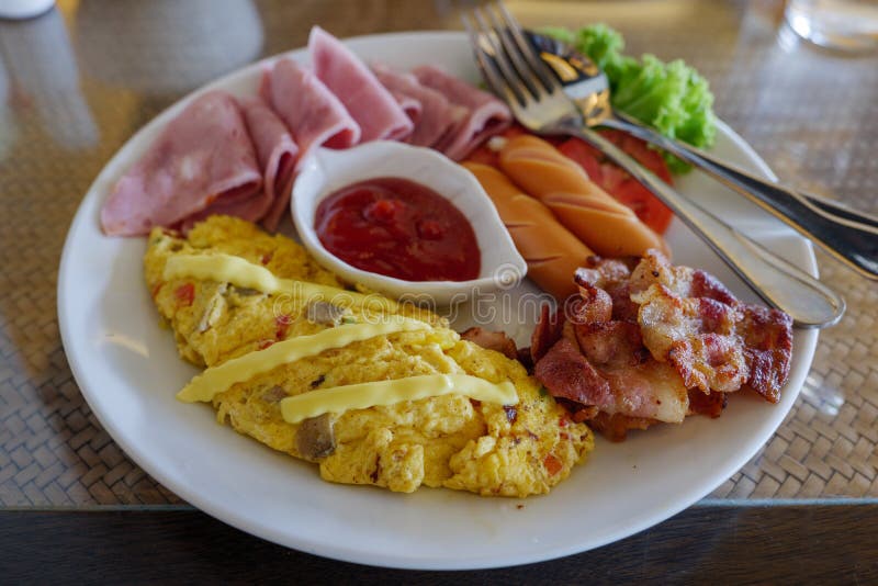 Breakfast Set, Omelette, Sausage, Ham and Bacon. Stock Photo - Image of ...