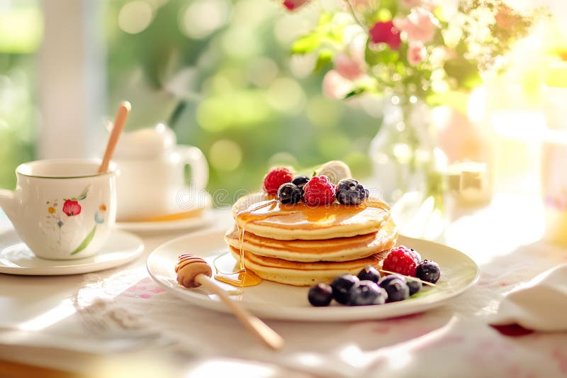 Breakfast Set with Pancakes, Berries, Honey Drizzle, Bright Light and ...