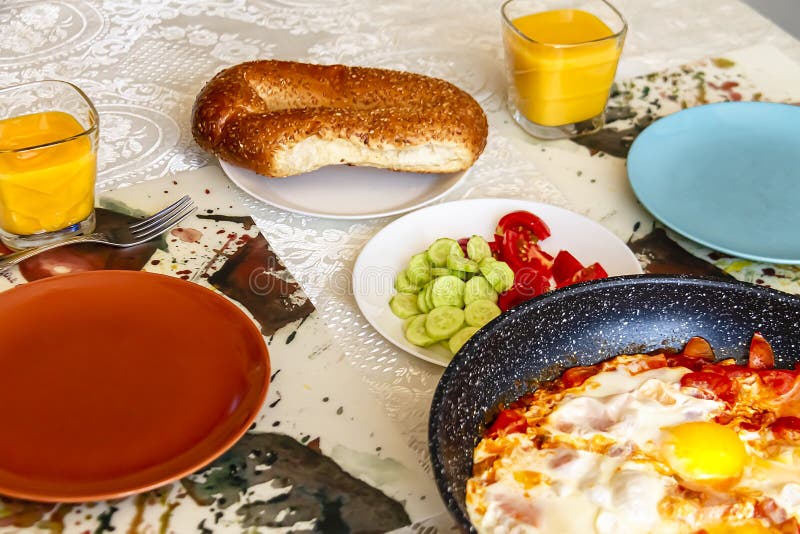 Breakfast Set with Scrambled Eggs, Fresh Vegetables, Fresh Bread and ...