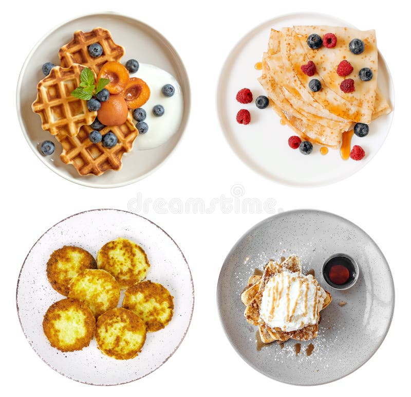 Breakfast Set of Various Pancakes Served in Plates Isolated Stock Image ...