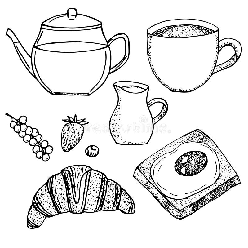 Breakfast Set Vector Illustration, Hand Drawing Sketch Stock ...