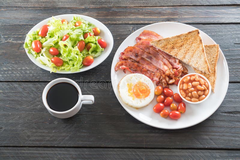Breakfast set on wood stock photo. Image of full, plate - 84502306