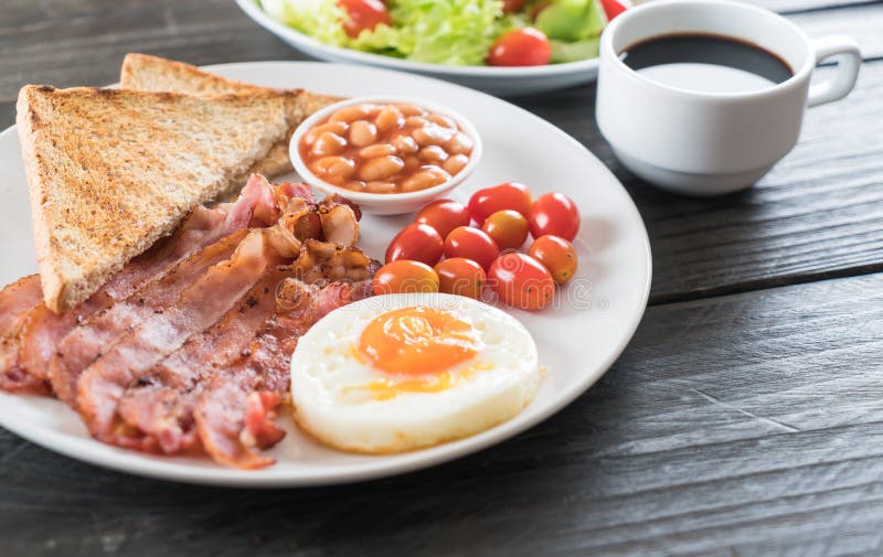 Breakfast set on wood stock image. Image of meal, salad - 84506777