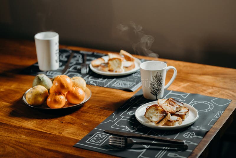 Breakfast Setting for Two People - Coffee, Tea, Breads and Fruits Stock ...