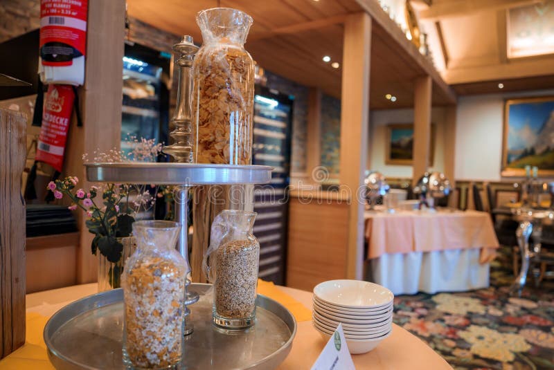 Buffet Setup with Cereals and Plates in Hotel Dining Area Editorial ...