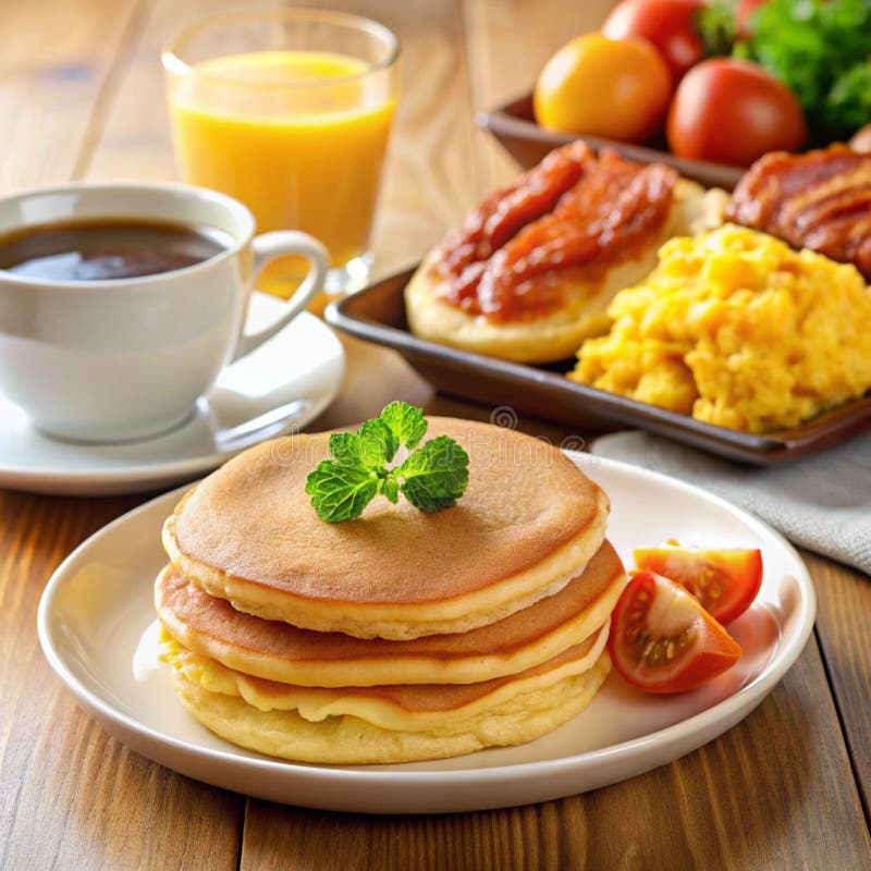 Breakfast Setup with Pancakes, Bacon, and Scrambled Eggs Stock ...