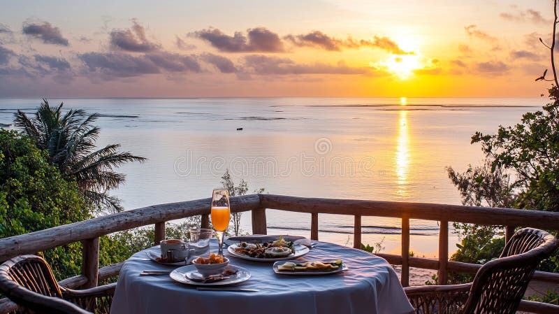 A Breakfast Setup on a Private Balcony Overlooking a Calm Beach at ...
