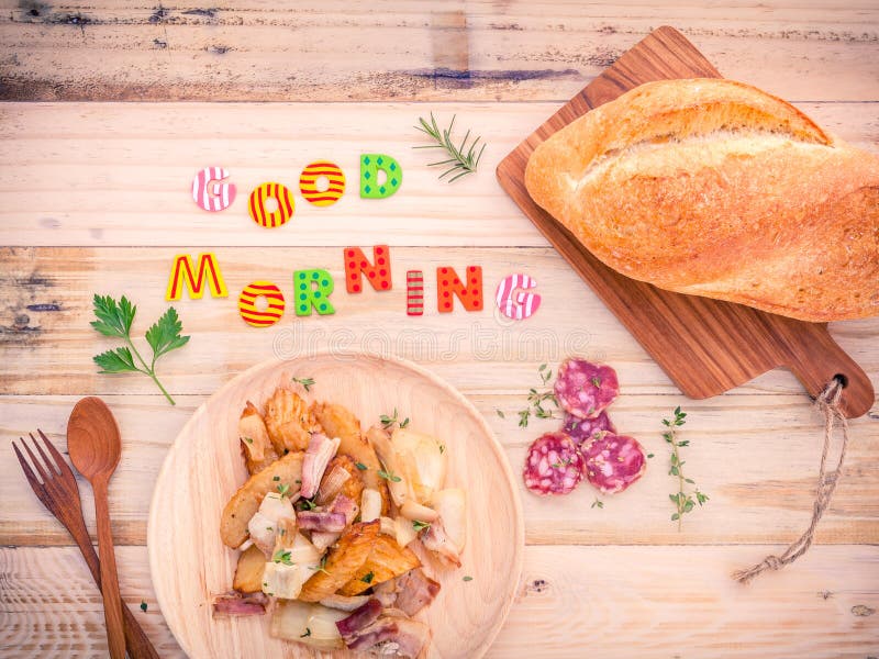 Breakfast Setup on Wooden Table with Colourful Good Morning Wor Stock ...