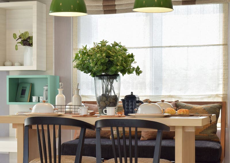 Breakfast Setup on Wooden Table with Nice Vase Stock Photo - Image of ...