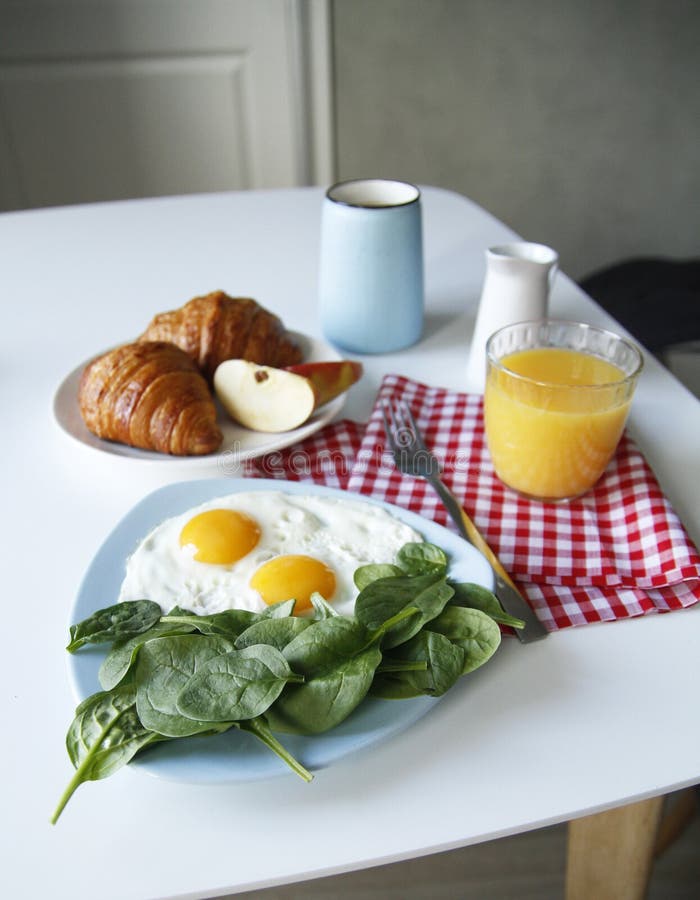 Breakfast. Top View. Eggs, Orange Juice, Spinach, Toasts Stock Photo ...