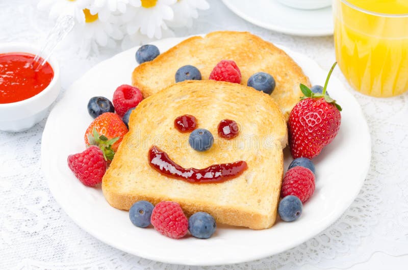 Breakfast with a Smiling Toast, Fresh Berries, Berry Jam Stock Image ...