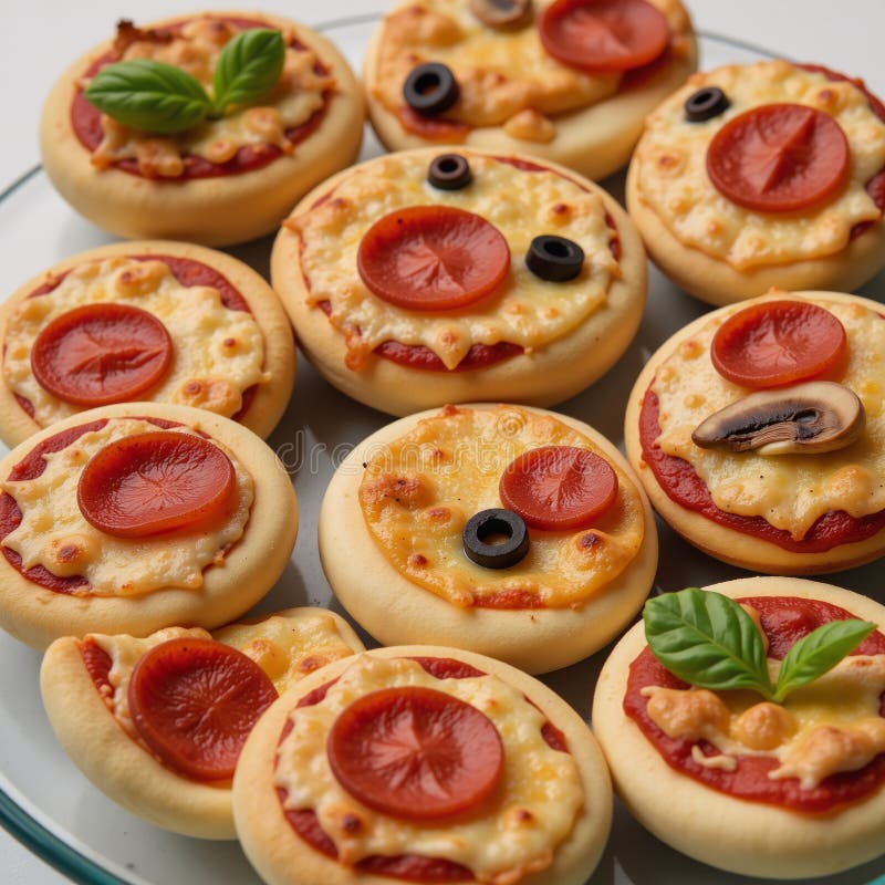 Breakfast or Snack Tiny Pizza Assortment Displayed on Glass Platter ...
