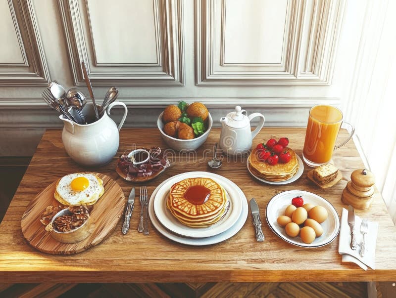 Breakfast Spread Featuring Fluffy Pancakes Scrambled Eggs and Fresh ...