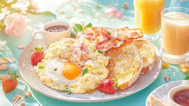 Breakfast Spread Featuring Scrambled Eggs, Bacon, Toast, and Fresh ...