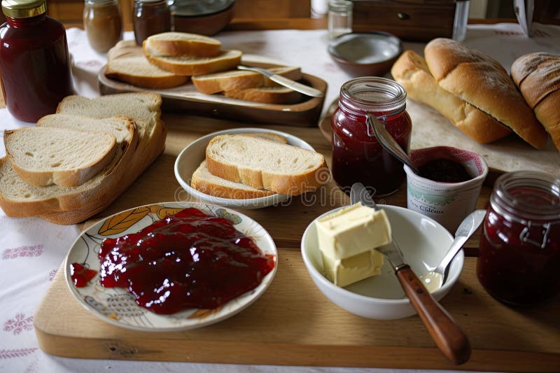 Breakfast Spread, Filled with Fresh Bread and Homemade Jam Stock ...