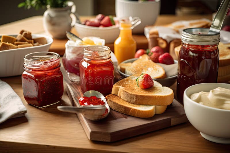 Breakfast Spread with Fresh Fruit, Toast, and Jar of Strawberry Jam ...