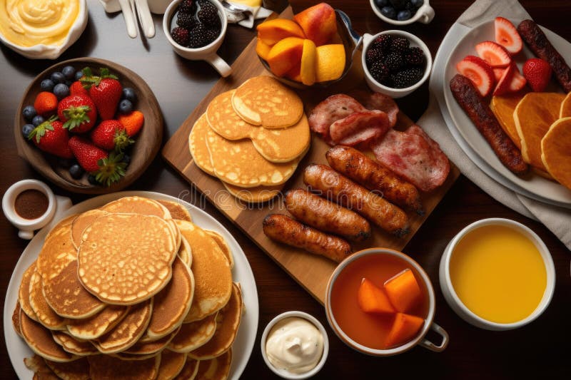 Breakfast Spread with Pancakes, Sausage, and Eggs Stock Image - Image ...
