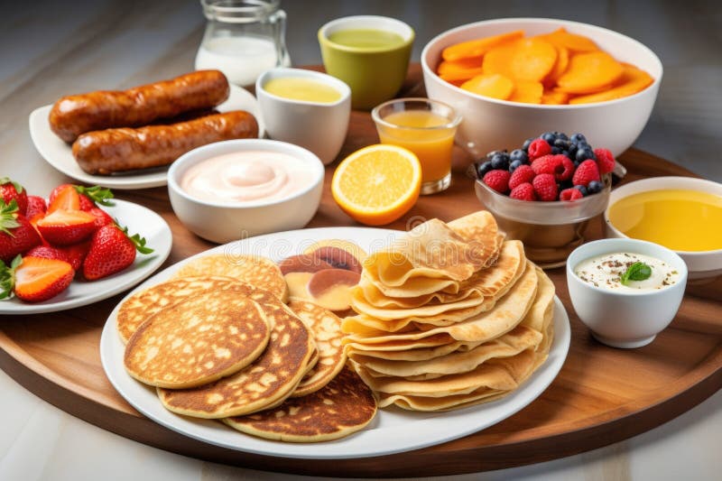Breakfast Spread with Pancakes, Sausage, and Eggs Stock Photo - Image ...