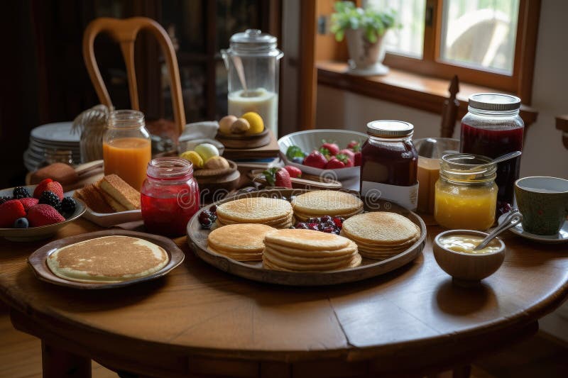 Breakfast Spread with Pancakes, Strawberries, and Homemade Jam Stock ...