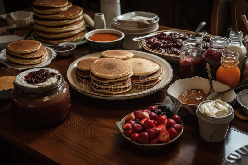 Breakfast Spread with Pancakes, Strawberries, and Homemade Jam Stock ...