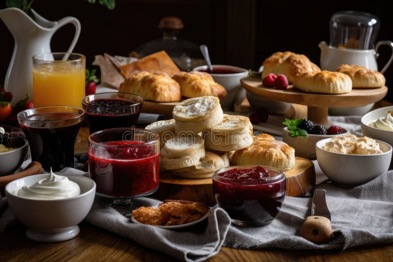 Breakfast Spread with Scones, Jam, and Cream Stock Illustration ...