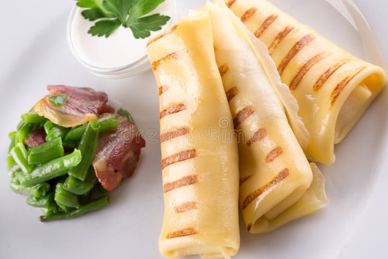 Breakfast with Spring Rolls with Sauce on Plate Stock Image - Image of ...