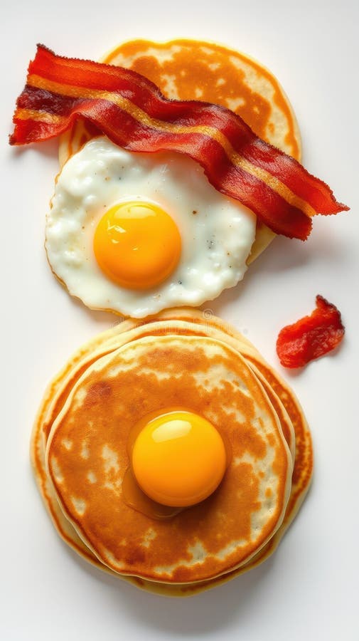 Breakfast Stack with Pancakes, Eggs, and Crispy Bacon on a White Plate ...