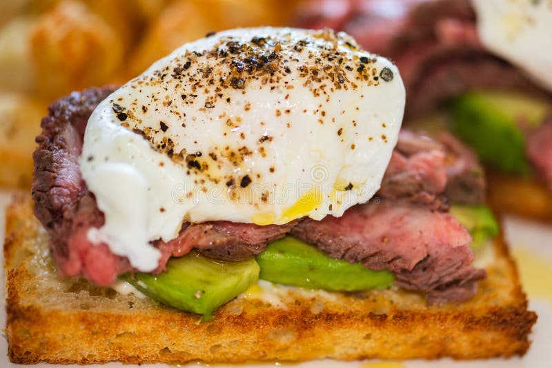 Breakfast Steak Benedict stock photo. Image of slice - 278352378