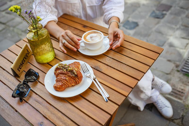 Breakfast on a Summer Terrace with Croissants and Coffee Stock Image ...