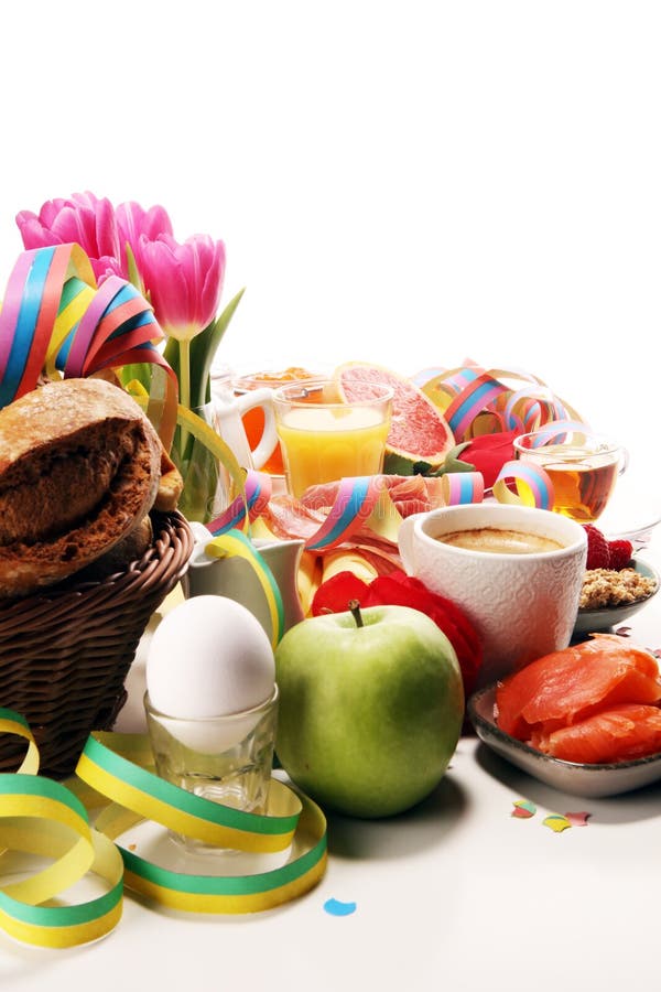Breakfast on Table with Bread Buns, Croissants, Coffe and Juice on ...