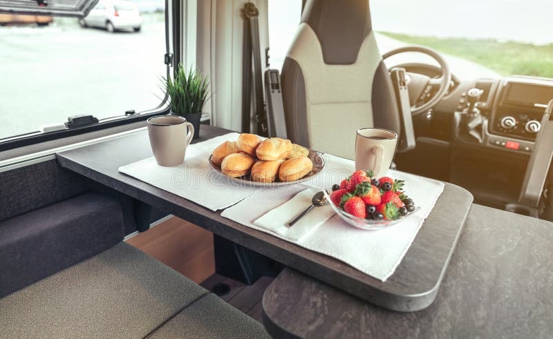 Breakfast on the Table in a Camper Van Stock Photo - Image of nutrition ...