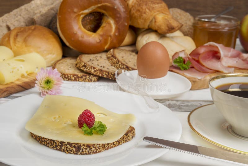 Breakfast Table with Cheese Bread, Coffee, Egg, Ham and Jam Stock Image ...