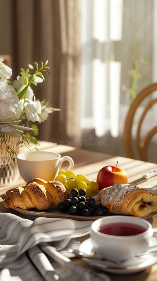Breakfast Table with Croissants, Fruit and Coffee Stock Photo - Image ...